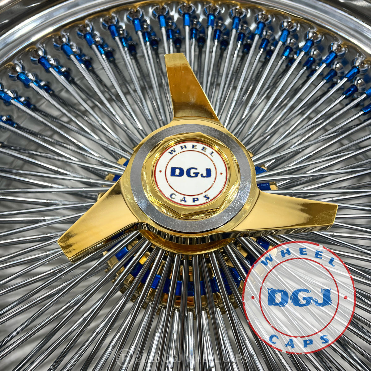 DGJ WHEELS 20x8 STD 150 Spoke Blue Nip+Hub Ring & Gold Hub Lowrider Wi ...